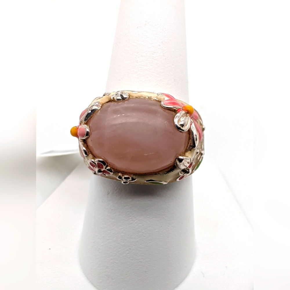 David Sigal Sterling Silver Rose Quartz Enamel Ring - Gem